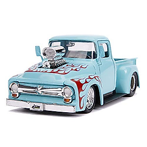Jada Toys Just Trucks 1:24 1956 Ford F-100 with Rack Die-cast Car Blue/Red Flames, Toys for Kids and Adults