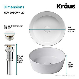 KRAUS Viva™ Round White Porcelain Ceramic Vessel Bathroom Sink with Pop-Up Drain, 15 3/4 in. D x 5 3/8 in. H, KCV-205GWH