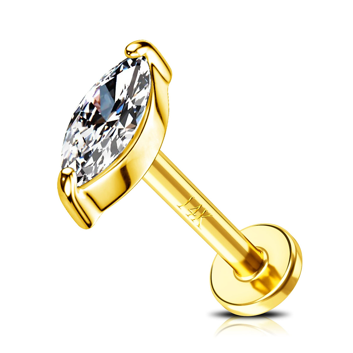 Jewseen 14K Solid Gold Push in Lip Rings G23 Titanium Labret Studs CZ Cartilage Earring 16g Tragus Helix Piercing Jewelry Flat Back Stud Nose Ring Stud Earring for Women Men