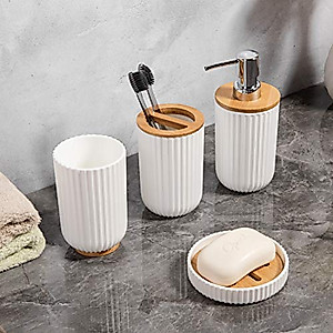 KRALIX Four Piece Bathroom Vanity Accessory Set - Includes Toothbrush Holder, Lotion Dispenser, Soap Dish and Tumbler (White)