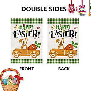 Happy Easter Truck Garden Flag, Spring Vertical Double Sized Burlap Flag for House Yard Outdoor Decor 12.5 x 18 Inch