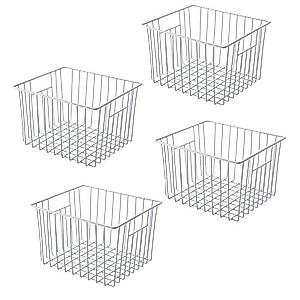 Freezer Organizer Bin, Kitchen Metal Wire Storage Basket, Pantry Cupboard Household Container Divider with Handles, Bathroom, Closet, Bedroom, Office, Rustproof - White（4）