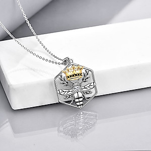 YAFEINI Bee Necklace Queen Bee Pendant Honeycomb 925 Sterling Silver Crown Jewelry Gifts for Women (Queen Bee Necklace)