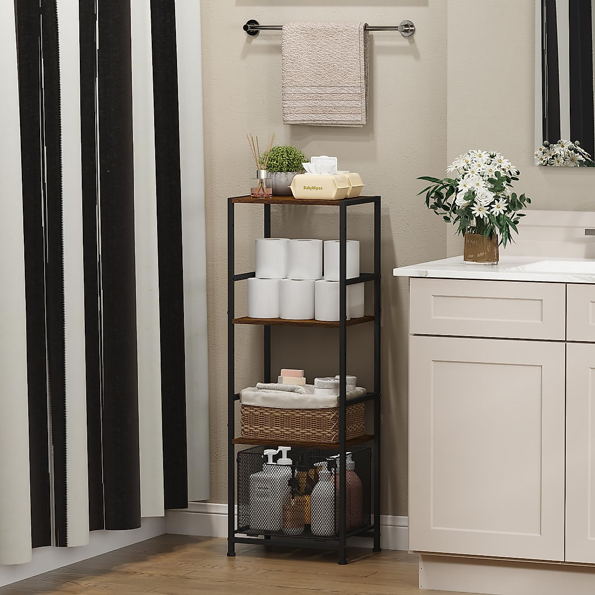 4-Tier Bathroom Storage Shelves, Retro Shelving Unit and Storage Bathroom Rack, Iron Wood Combination Heavy Duty Bathroom Stand with Drawer, Freestanding Tall Shelf for Bathroom, Kitchen, Laundry