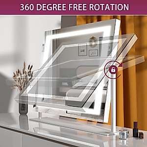 Hasipu Vanity Mirror with Lights, 24.2" x 19.7" LED Makeup Mirror, Light up Mirror with 10X Magnification and USB, Phone Holder, Smart Touch 3 Colors Dimmable, 360° Rotation (Right Angle White)