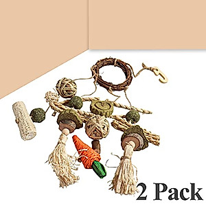 HERCOCCI 2 Pack Bunny Chew Toys for Rabbits, Natural Handmade - Rabbit Cage Hanging Toys for Rabbits Guinea Pigs Hamsters Gerbils Rats
