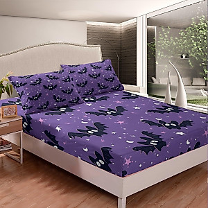 Manfei Kids Happy Halloween Fitted Sheet Twin Size, Black Bats Bedding Set 2pcs for Boys Girls Room Decor, Pink White Stars Moon Bed Cover with 1 Pillowcase, Soft Polyester Bedding