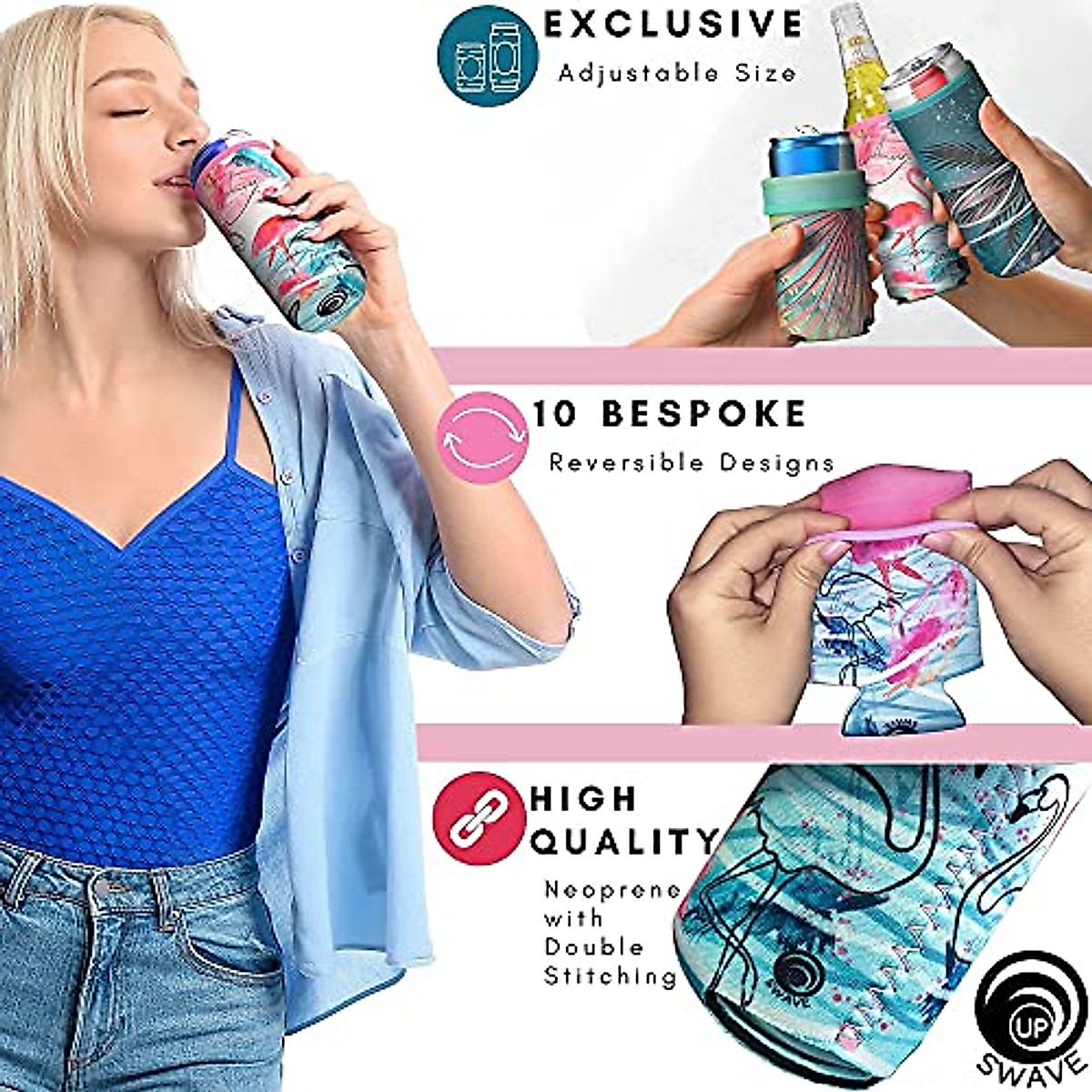UP SWAVE Slim Can Cooler Sleeves - Premium Reversible Beer Can Sleeves - Slim Can Insulator 5 pack - Adjustable Design Fits Most Bottles & Skinny Cans from 8 to 12oz - 10 Reversible Designs