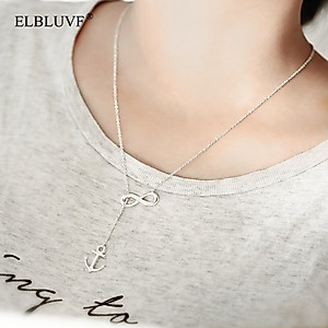 ELBLUVF Newest Stainless steel Anchor Infinity Y Shaped Lariat Style Necklace 18inch For Women (White gold color)