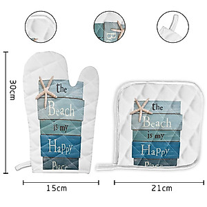 2 Pieces Extra Long Thick Oven Mitts and Pot Holders-Beach Themed, The Beach is My Happy Place/Plank Board Sign with Starfish,Non-Slip Heat Resistance Cooking Gloves for Home Kitchen BBQ