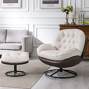 ZSARTS Swivel Accent Chair with Ottoman, Upholstered Linen Armchair Reading Chair with Footrest Mid-Century Modern Lounge Chair for Living Room Bedroom Fireplace(Cream)