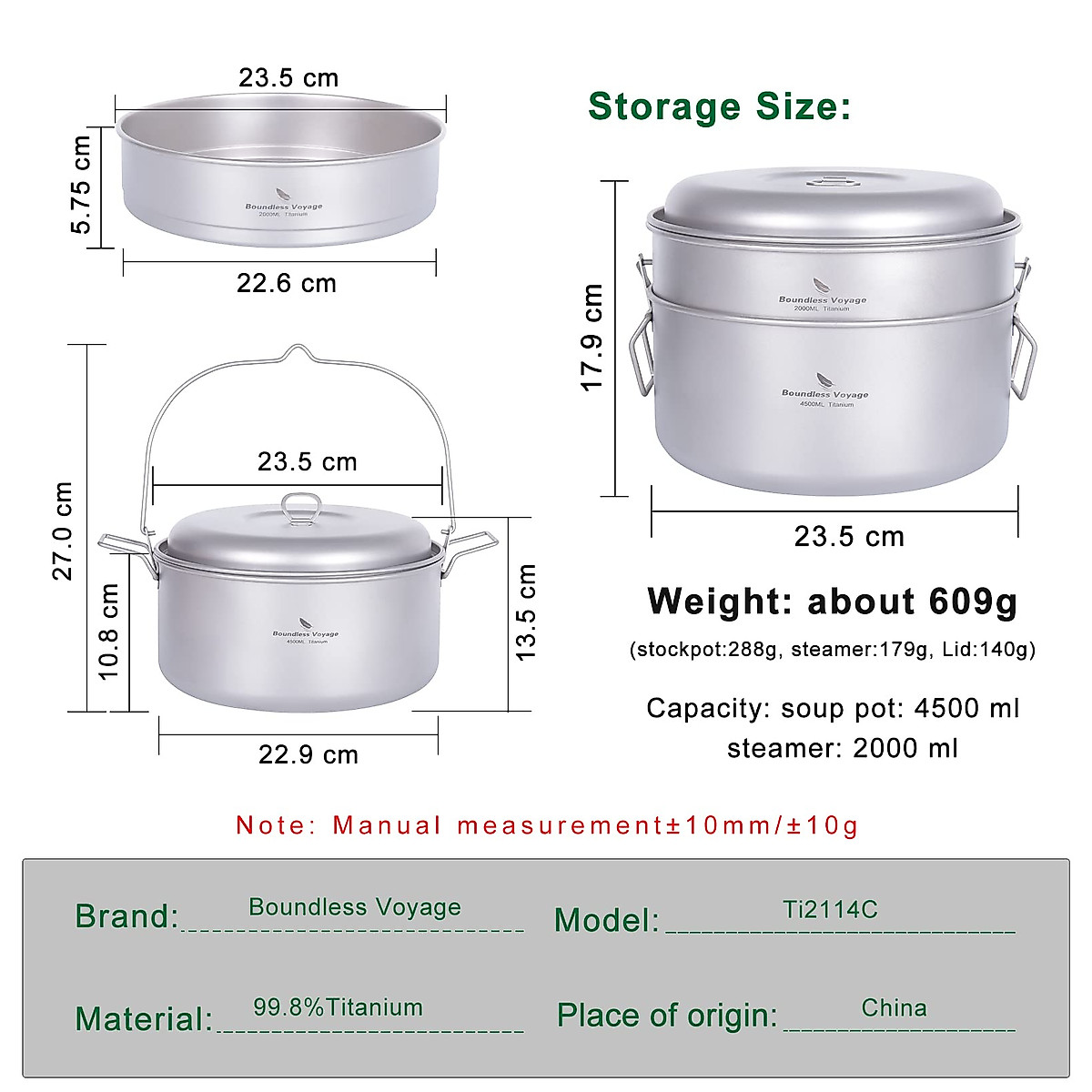 Boundless Voyage Titanium Food Steamer Pan Stock Pot Soup Pot Outdoor Hanging Pot Portable Travel Household Kitchenware Cooking Kit Hot Pot for Camping Picninc (Ti2114C(4.5 POT+2l Steamer))