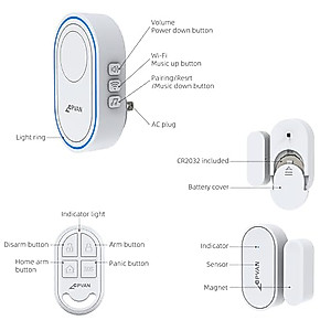CPVAN CP7R Door Chime, Smart Door Window Alarm Sensor with APP Alert, Remote Control, 2.4 GHz Wi-Fi Base Station Alarm Siren for Kids Elders Safety Compatible with Alexa, for Home House Apartment