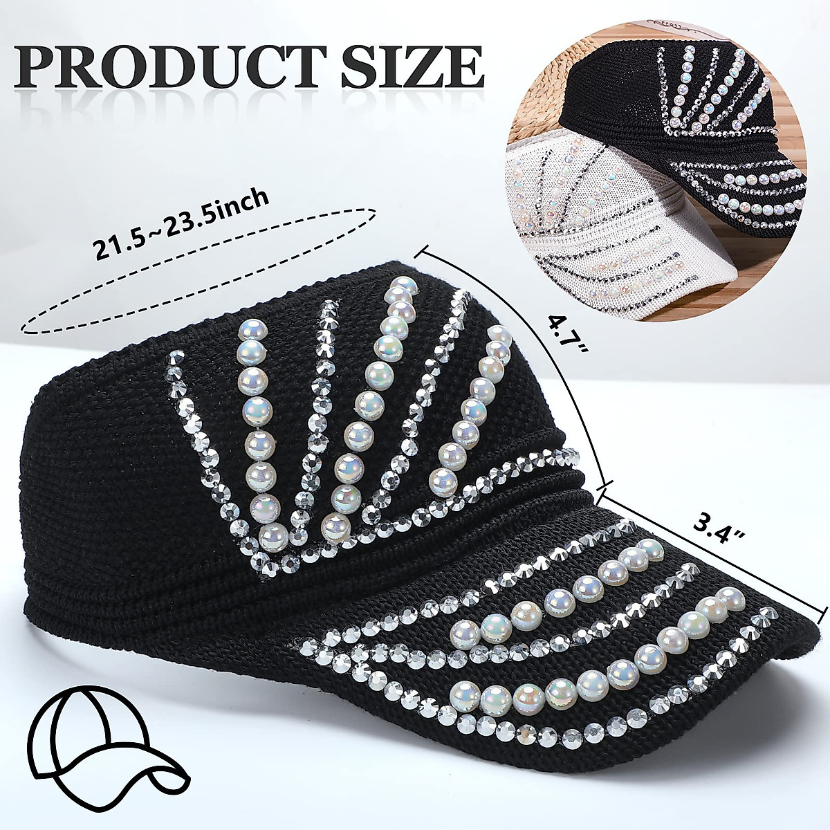 2 Pieces Studded Rhinestone Crystals Ponytail Hat Bling Mesh Baseball Caps Studded Rhinestone Black and White Adjustable Visors Sport Golf Sun Visor Open Top Beach Visor for Women Men Summer Outdoor