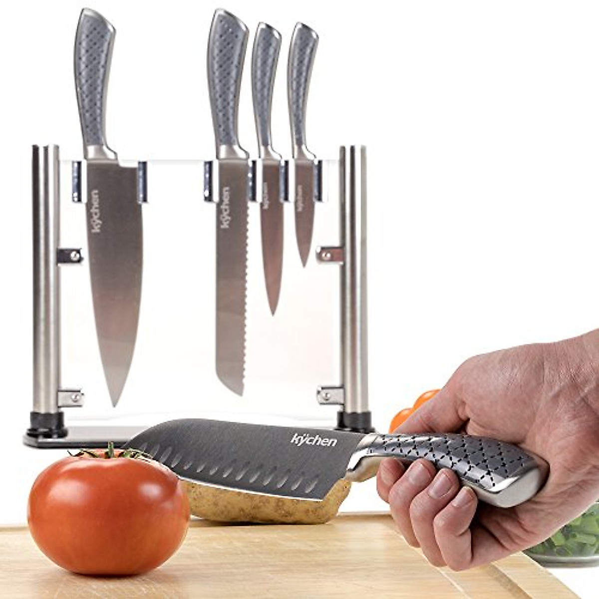 Set of 5 Tizona Kitchen Knives - Premium Stainless Steel Cutlery with Patterned Handles & Clear Acrylic Display Case, Professional Cutting Utensils by Kÿchen