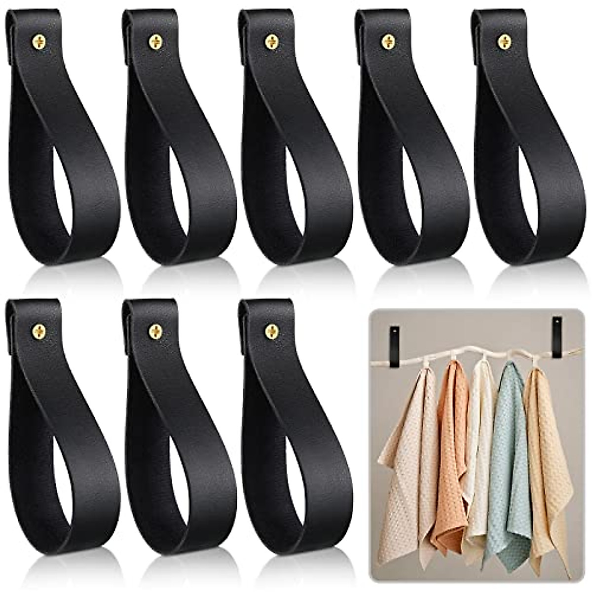 Yookeer 8 Pcs Artificial Leather Wall Hooks 1 x 4.7 Inches Wall Hanging Strap Wall Mounted Loop for Hanging Leather Strap Hangers for Bathroom Kitchen Bedroom Towel Holder Supplies (Black)