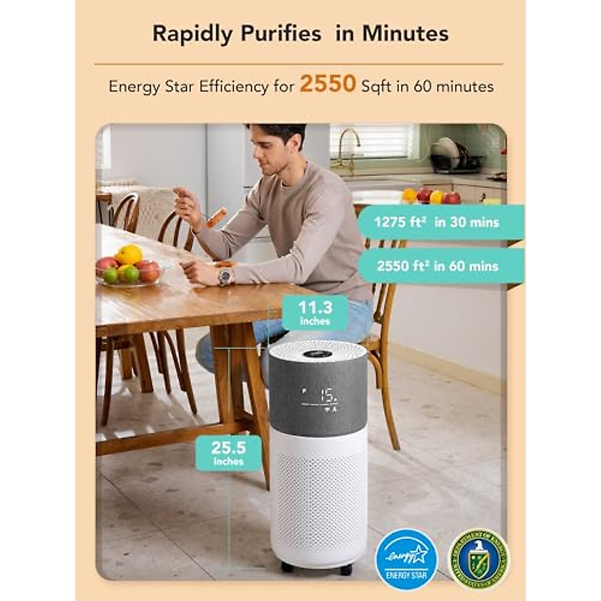 CleanForce Air Purifiers for Home Large Room Up to 2550 ft², HEPA Air Purifier Air Cleaner with WIFI for Dust, Allergens, Pollen, Pet Hair Dander, Odors, Asthma & Allergy Friendly Certified, Rainbow