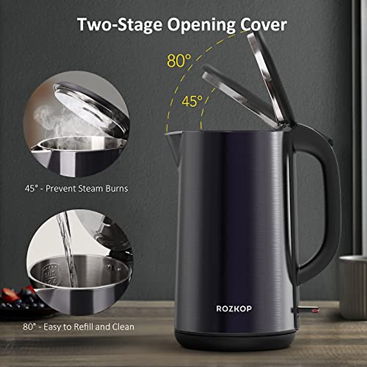 ROZKOP Electric Tea Kettle Double Wall 304 Stainless Steel 1.7L Hot Water Boiler, 1500W Water Kettle with Auto Shut-Off & Boil Dry Protection, BPA-Free, Cordless Base & LED Indicator