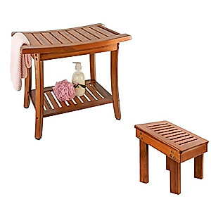 Utoplike Teak Shower Bench Seat with Handles and Wood Shower Foot Stool for Shaving Legs Portable Wooden Spa Bathing Stool