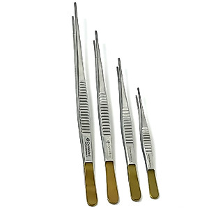 German Set of 4 Each Debakey Forceps Serrated Narrow Tips for Atraumatic Veterinary Microscopy Dissection Comes in Gold Handle 6”+8”+10”+12”