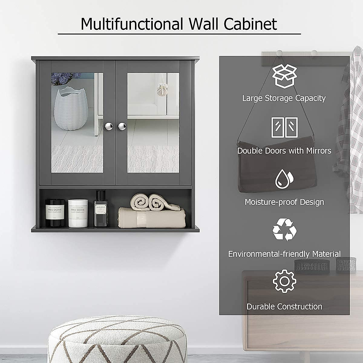 Salches Wall Mounted Bathroom 2 Mirrored Doors, Over-Toilet Hanging w/Shelves, Wooden Storage Organizer Medicine Cabinets, Grey