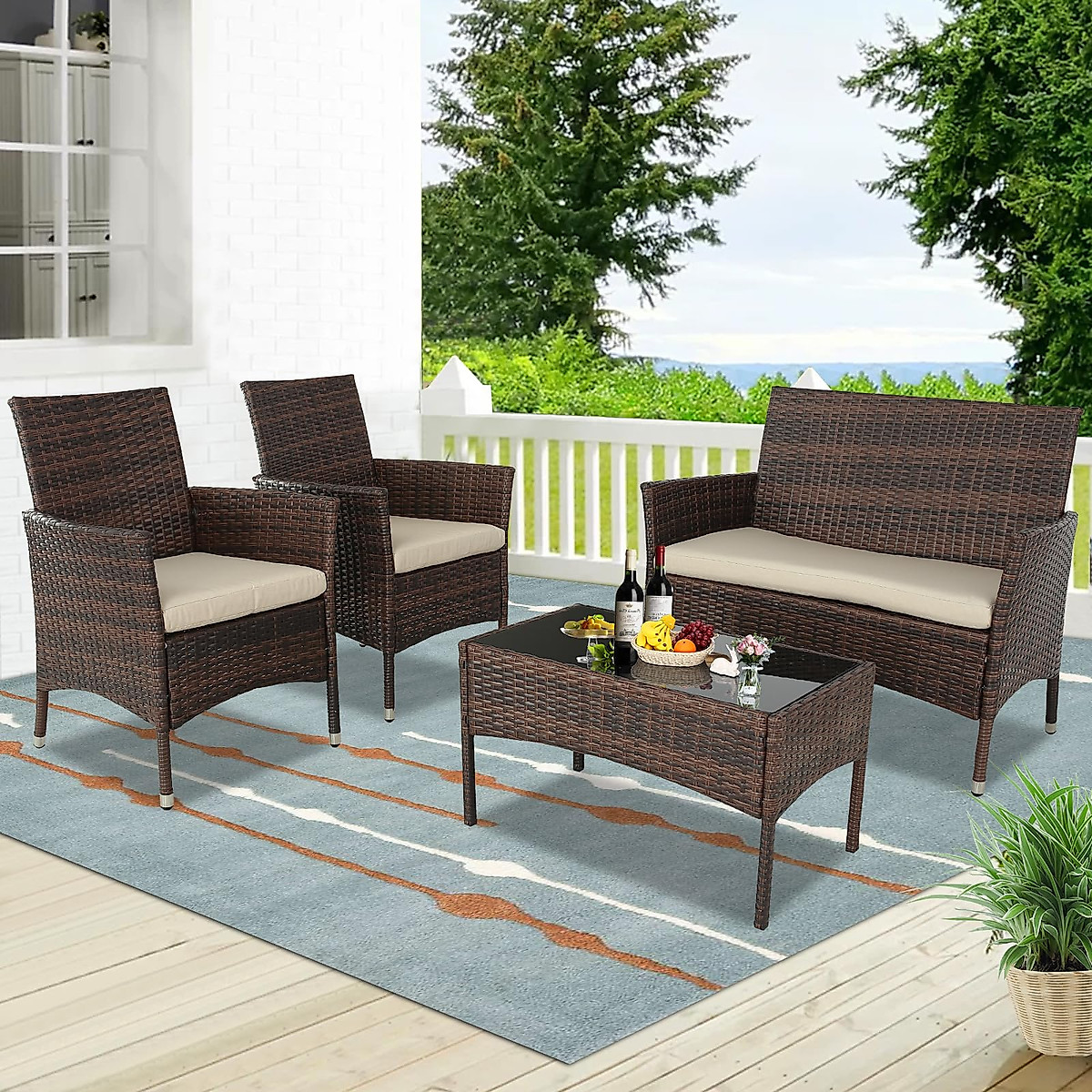 HTTH 4-Piece Outdoor Patio Furniture Sets Wicker Sofa with Cushions and Coffee Table Garden Lawn Pool Backyard Outdoor Sofa Sets (Brown-Beige)