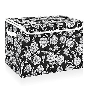 CaTaKu Black Rose Boho Storage Bins with Lids Fabric Large Storage Container Cube Basket with Handle Decorative Storage Boxes for Organizing Clothes Shelves