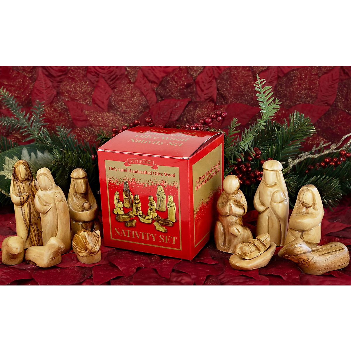 Holy Land Olive Wood Faceless Nativity Set from Israel, 12 Piece Unique Indoor Wooden Nativity Scene, Jesus Mary & Joseph Holy Family in the Manger Figurines, Seasonal Home Décor Accent for Christmas