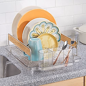 mDesign Large Kitchen Countertop, Sink Dish Drying Rack with Bamboo Wood Accents - Removable Cutlery Tray & Drainboard with Adjustable Swivel Spout - 3 Pieces, BPA Free Cutlery Caddy, Satin/Clear
