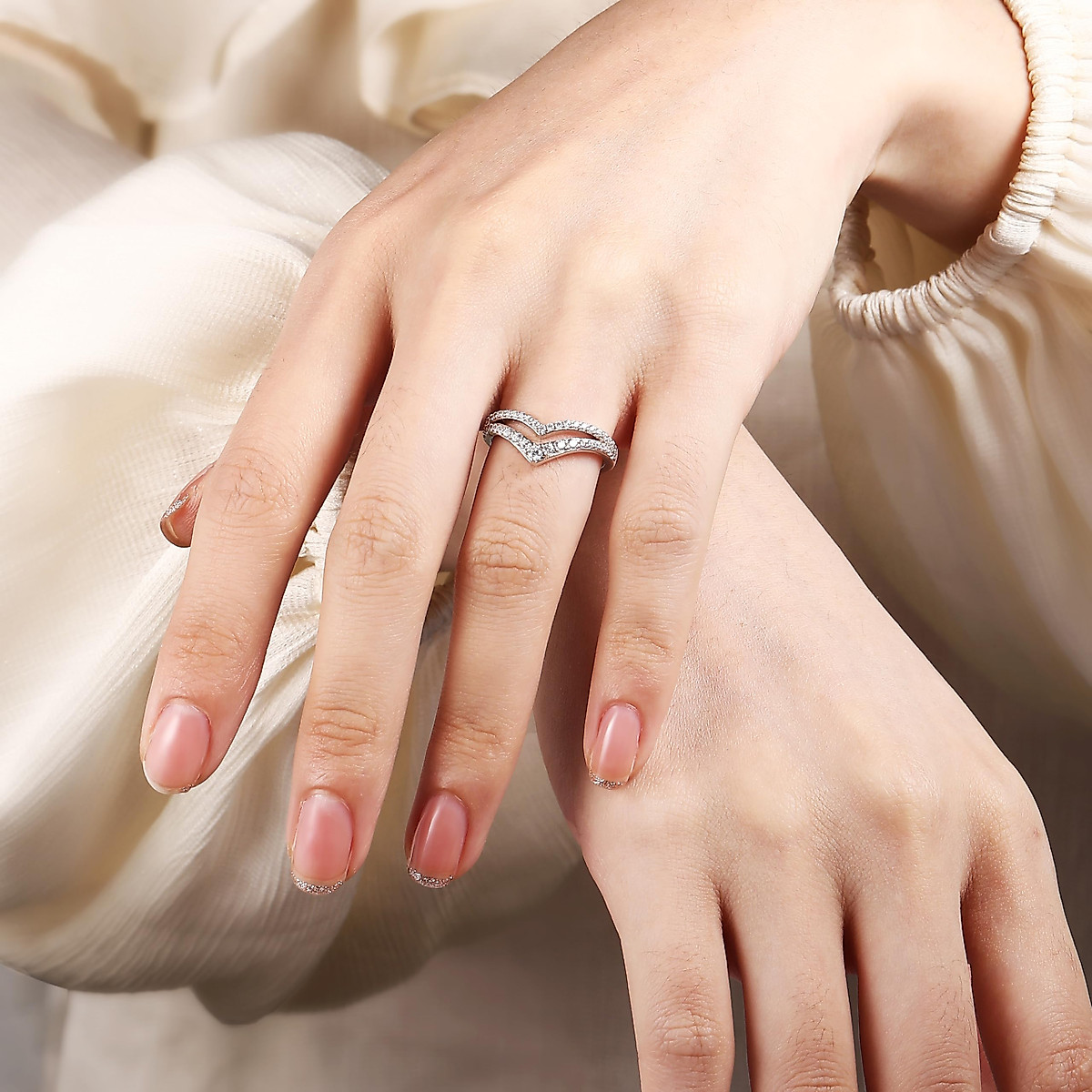 JALOKIVI 925 Sterling Silver Eternitys Ring for Women Double Chevron Cubic Zirconia Half Eternity Wedding Bands Size 12