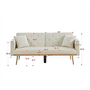Anwick Modern Velvet 2 in 1 Futon Sofa Bed,Convertible Folding Sleeper Bed Couches with 2 Pillows,73" Tufted Recliner Love Seat with Golden Chrome Legs for Living Room Apartment Office (Beige-New)