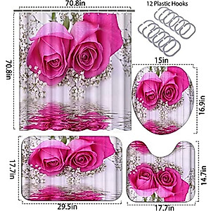 Flower Bathroom Shower Curtain Sets, Pink Water Roses Bathroom Sets with Shower Curtain and Rugs, Toilet Lid Cover and Bath Mat, Artistic Shower Curtains with Hooks