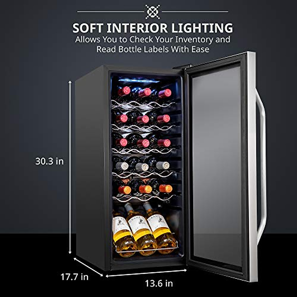 Ivation 18 Bottle Compressor Wine Cooler Refrigerator w/Lock | Large Freestanding Wine Cellar For Red, White, Champagne or Sparkling Wine | 41f-64f Digital Temperature Control Fridge Stainless Steel