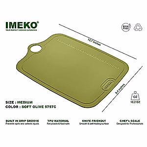 IMEKO TPU Cutting Board, BPA Free, Knife Friendly, Flexible, Dishwasher Friendly, Space Saving, Ergonomic Design, Chopping Mat - Olive Green - Size: Medium 13.7" x 9.4"- W: 10 oz.