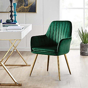 Altrobene Modern Accent Dinging Chair, Velvet Home Office Desk Chair No Wheels, Living Room Bedroom Arm Chair with Golden Finished Metal Legs, Green