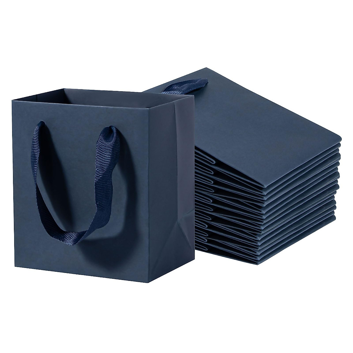 driew Mini Navy Blue Kraft Gift Bags 50 Pcs, 4" x 2.8" x 4.5" Small Gift Bags Bulk Thick Paper with Navy Blue Handles Set for Wedding Party Birthday Gathering Baby Shower