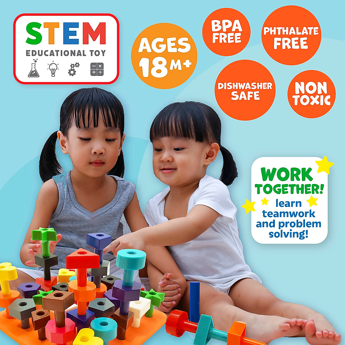 Skoolzy Stacking Toddler Peg Board 38 Piece Set and Rainbow Sorting Bears with Matching Cups 69 Piece Set Montessori Occupational Therapy Toddler Toys Kit with Storage Bags and eBook