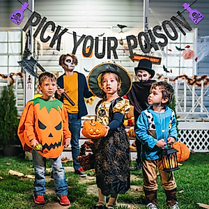 Black Glitter Pick Your Poison Banner - Halloween Hanging Paper Garland Bunting Banner with Purple Potion Bottle Decorations, Photo Backdrop for Wall Home Mantel Office Wall Scary Party Supplies