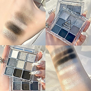 Black Smokey Eyeshadow Palette,9 Colors Glitter Black Silver Grey Brown Eyeshadow Palette,Long Lasting Waterproof Cool Toned Matte Eye Shadow Plattet with Eyeshadow Brush for Girls and Women （Set A）