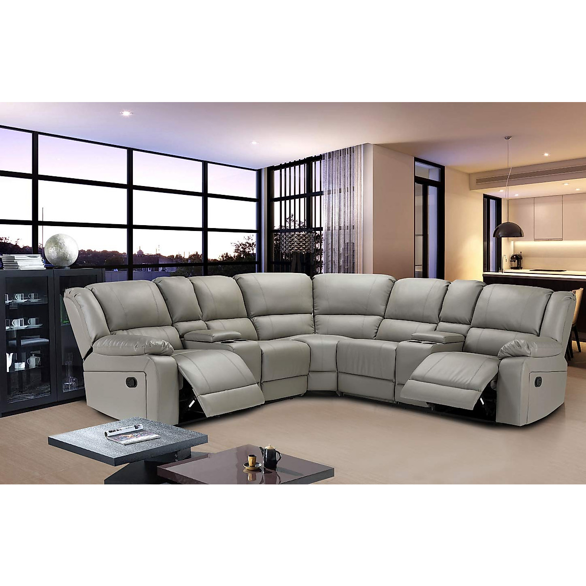 FREESNOOZE Manual Reclining Sectional Sofa Recliner Sofa with Cup Holders and 2 Storage Consoles for Living Room Furniture(PU Grey)