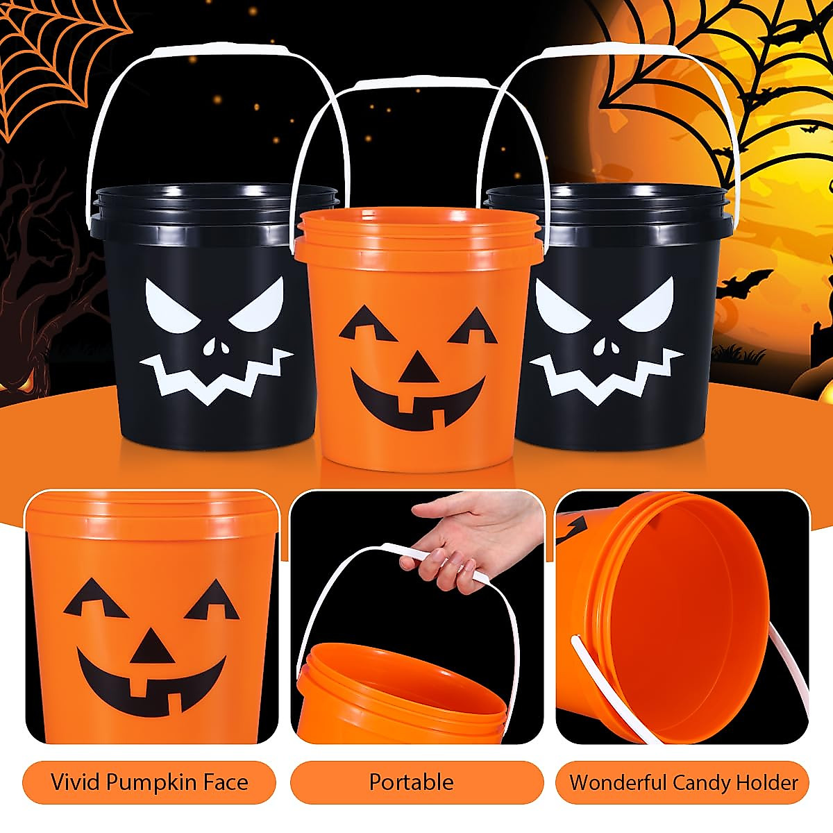 UMETASS 4 Pack 7" Halloween Trick or Treat Bucket, Plastic Halloween Candy Buckets Pumpkin Pails Halloween Decoration, Halloween Party Supplies for Kids