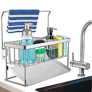 DMJWAN Kitchen Sink Caddy Organizer, 304 Stainless Steel Sponge Holder Sink Caddy for Dish Rags Brush Soap Scrubber with Auto Drain Tray