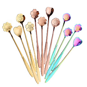 Diaertiny 12Pcs Flower Spoon Long Handle Coffee Dessert Stirring Ice Teaspoons Gold, Rose Gold, Rainbow Cocktail Stainless Steel Spoons for Bar Home Office Party