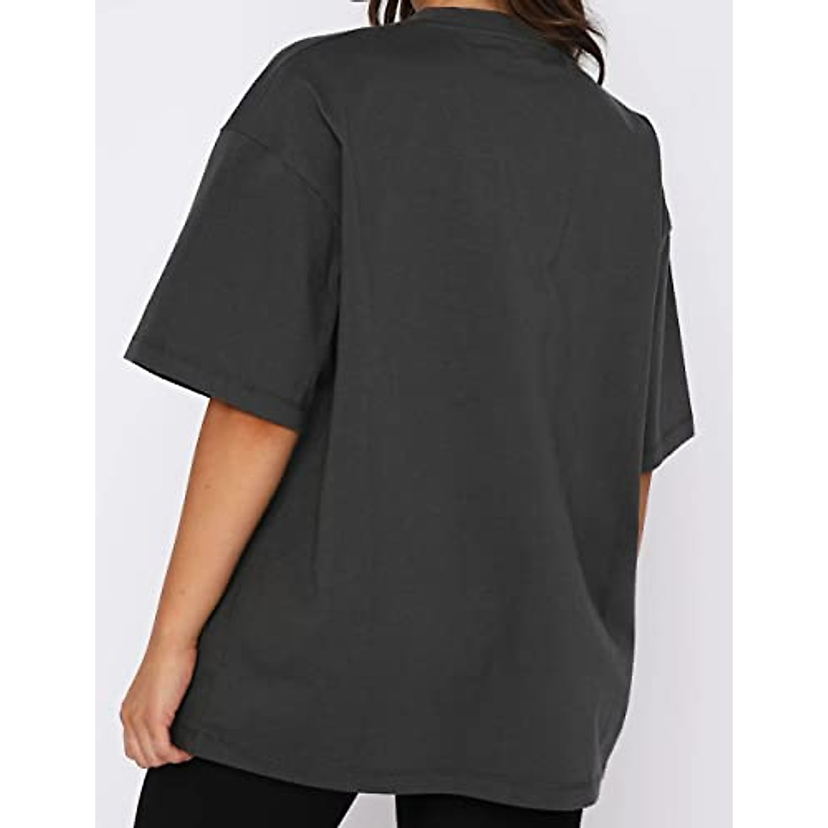 Meladyan Women Leisure Letter Graphic Print Half Sleeve Oversized Tee Shirt Top Crewneck Summer Loose Casual Tshirt Tops Grey