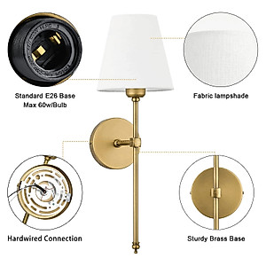 Bsmathom Wall Sconces Sets of 2, Classic Brushed Brass Sconces Wall Lighting, Hardwired Bathroom Vanity Light Fixture with Fabric Shade for Bedroom Living Room Hallway Kitchen, Gold