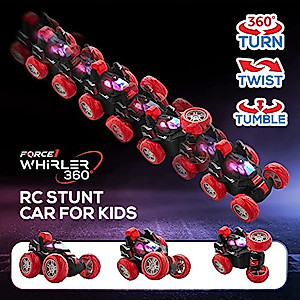 Force1 Whirler 360 Stunt Car Mini RC Car for Kids - Fast Mini Stunt 5 Wheels LEDs 360 Flips Standing Rotating Small RC 2.4 GHZ Rechargeable Remote Control Toy Vehicle for Boys Girls - Red/Black