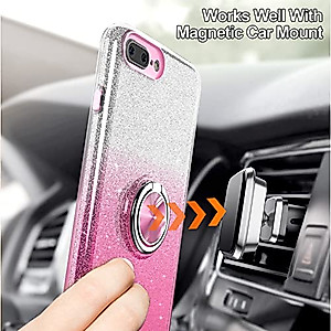 PeeTep iPhone 8 Plus Case, iPhone 7 Plus Case for Girls Women, Slim Glitter Sparkly Case with 360°Ring Holder Kickstand Magnetic Car Mount Shock-Absorbent Protective Durable Cover,Pink