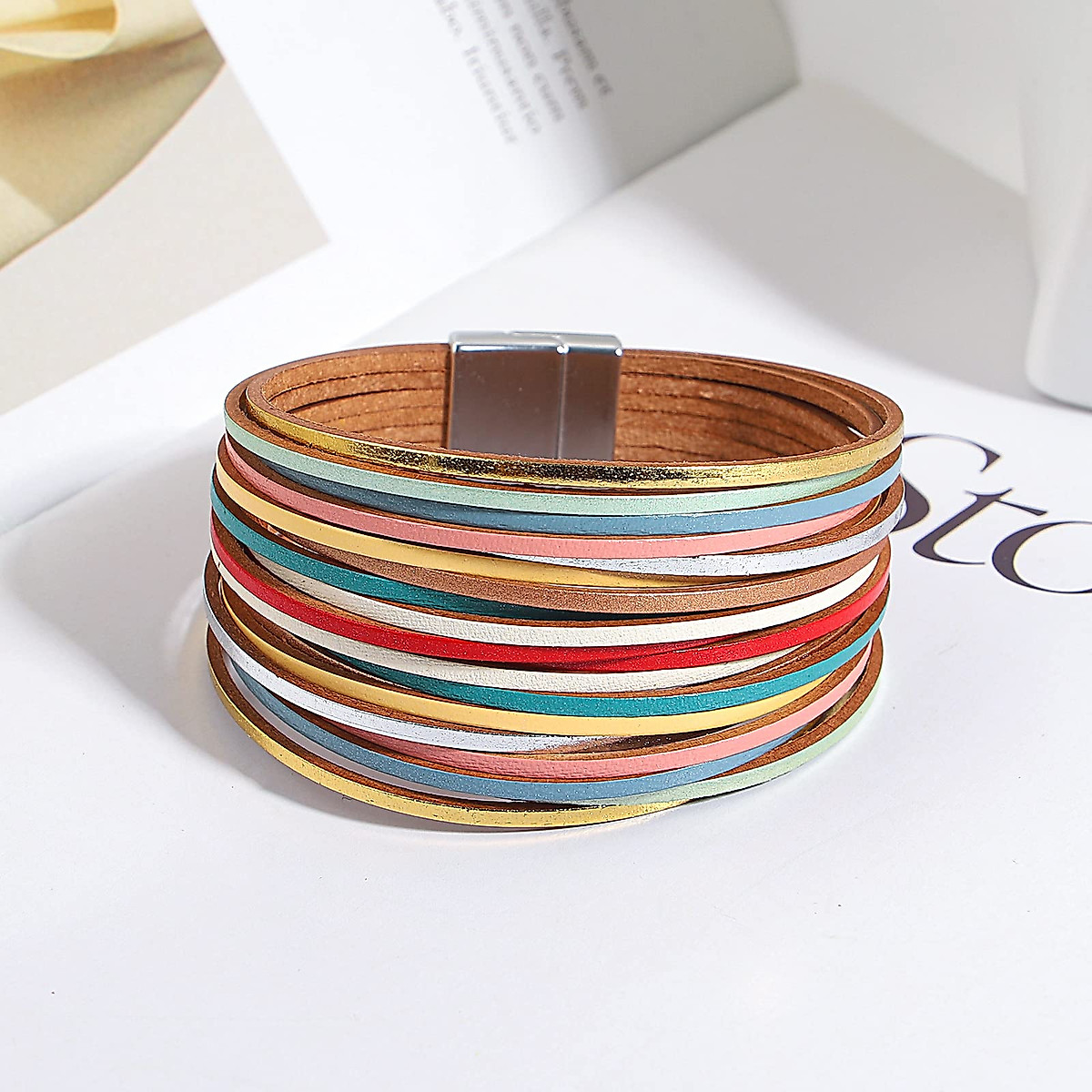 hotoo Leather Wrap Bracelet for Women Colorful Bohemian Friendship Stackable Layered Bracelets Boho Multi Strand Bracelets Jewelry with Clasp for Teen Girls Sister and Mother