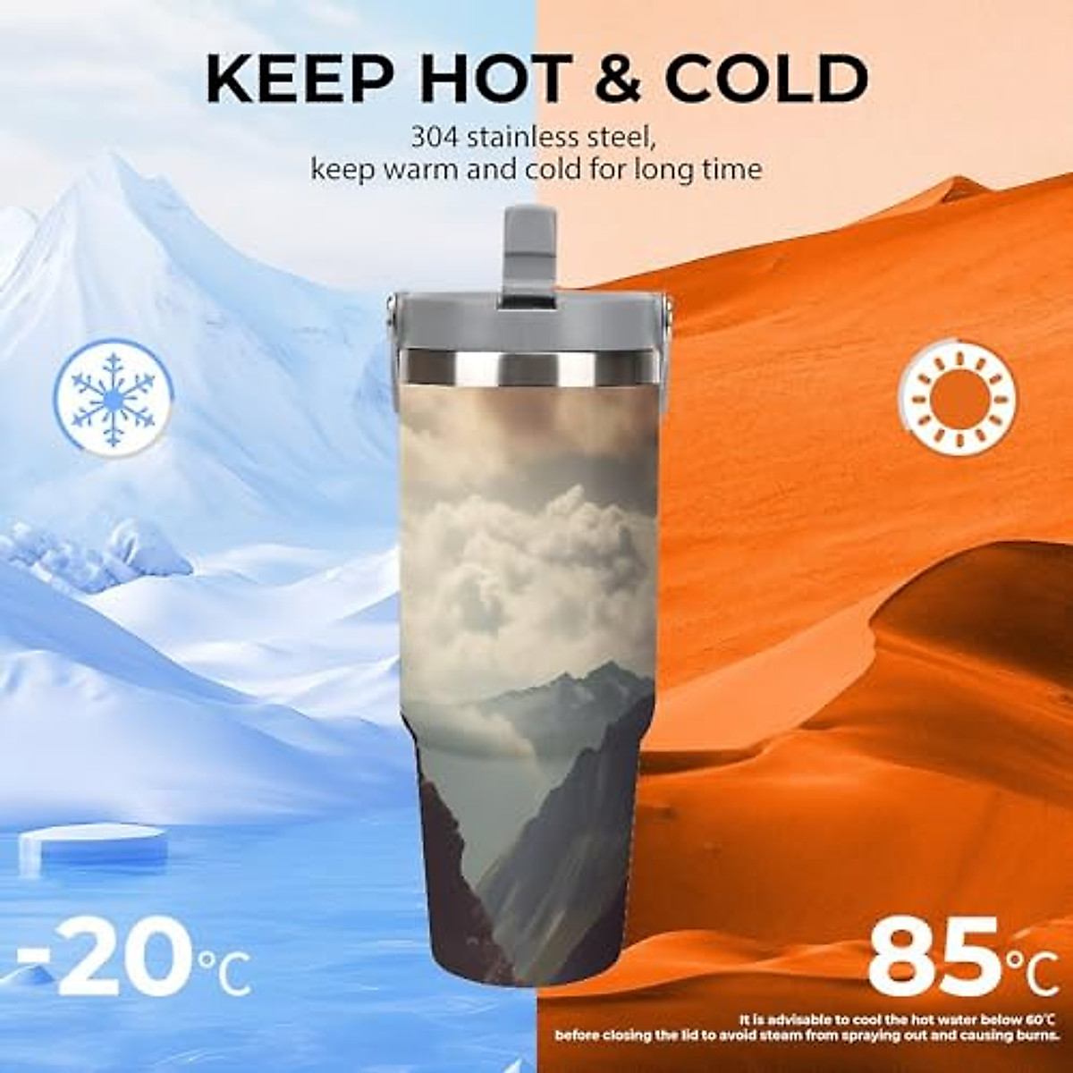 BWQJKUO Large Capacity Car Cup 30 Oz Stainless Steel Woman on A Top Mountain Printed Travel Mug Leak-proof Flip Straw Tumbler with Handle,keeps Cold Or Ho