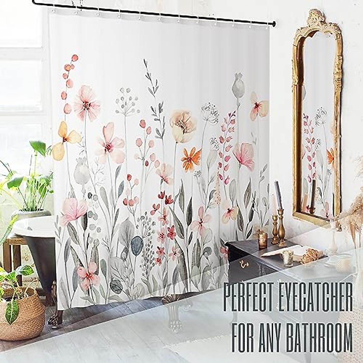 KIBAGA Beautiful Floral Shower Curtain for Your Bathroom - A Stylish 72" x 72" Curtain That Fits Perfect to Every Bath Decor - Ideal to Brighten Up Your Cute Botanical Bathroom at Home with Plants